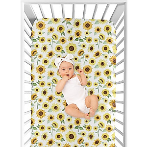 Sweet Jojo Designs Sunflower Girl Jersey Stretch Knit Baby Fitted Crib Sheet for Soft Toddler Bed Nursery - Yellow and Green Farmhouse Floral Watercolor Flower