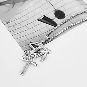 HZMAN Gold Stainless Steel Eye of Horus Egypt And Coptic Ankh Cross Religious Pendant Necklace 24" Figaro Chain (Silver)