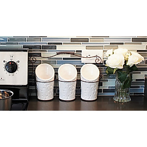 iEnjoyware Kitchen Tool Crock (4 Pieces) - 3 Ceramic Utensil Holders (4" Dia x 7" H each) & 1 Metal Caddy - White & Embossed Design