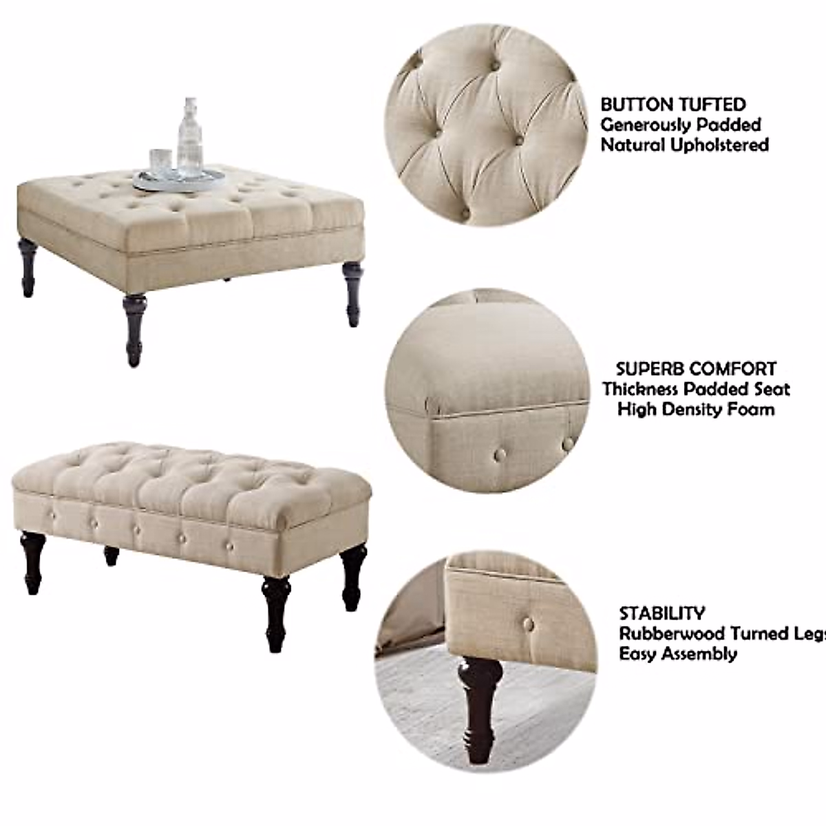 Rosevera Avondale Upholstered Tufted Fine Polyester Chair Loveseat Sofa Armless Design Easy Assembly for Living Room Bedroom, Beige Bench