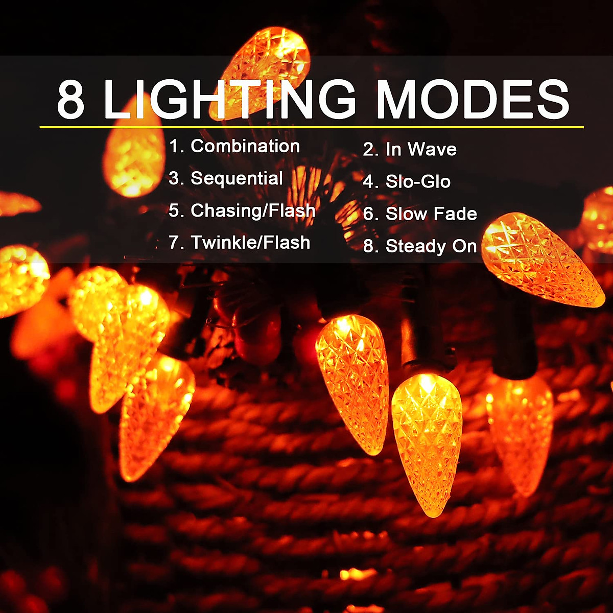 C6 Orange Halloween Lights, Waterproof 8 Mode Solar Halloween String Lights, 21Ft 50LED Orange Solar Christmas Lights C6 Strawberry Lights for Halloween Decoration Thanksgiving Day Christmas Holiday