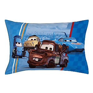 Disney Cars Radiator Springs White, Blue, and Red Lightning McQueen and Tow-Mater 4 Piece Toddler Bed Set - Comforter, Fitted Bottom Sheet, Flat Top Sheet and Reversible Pillowcase