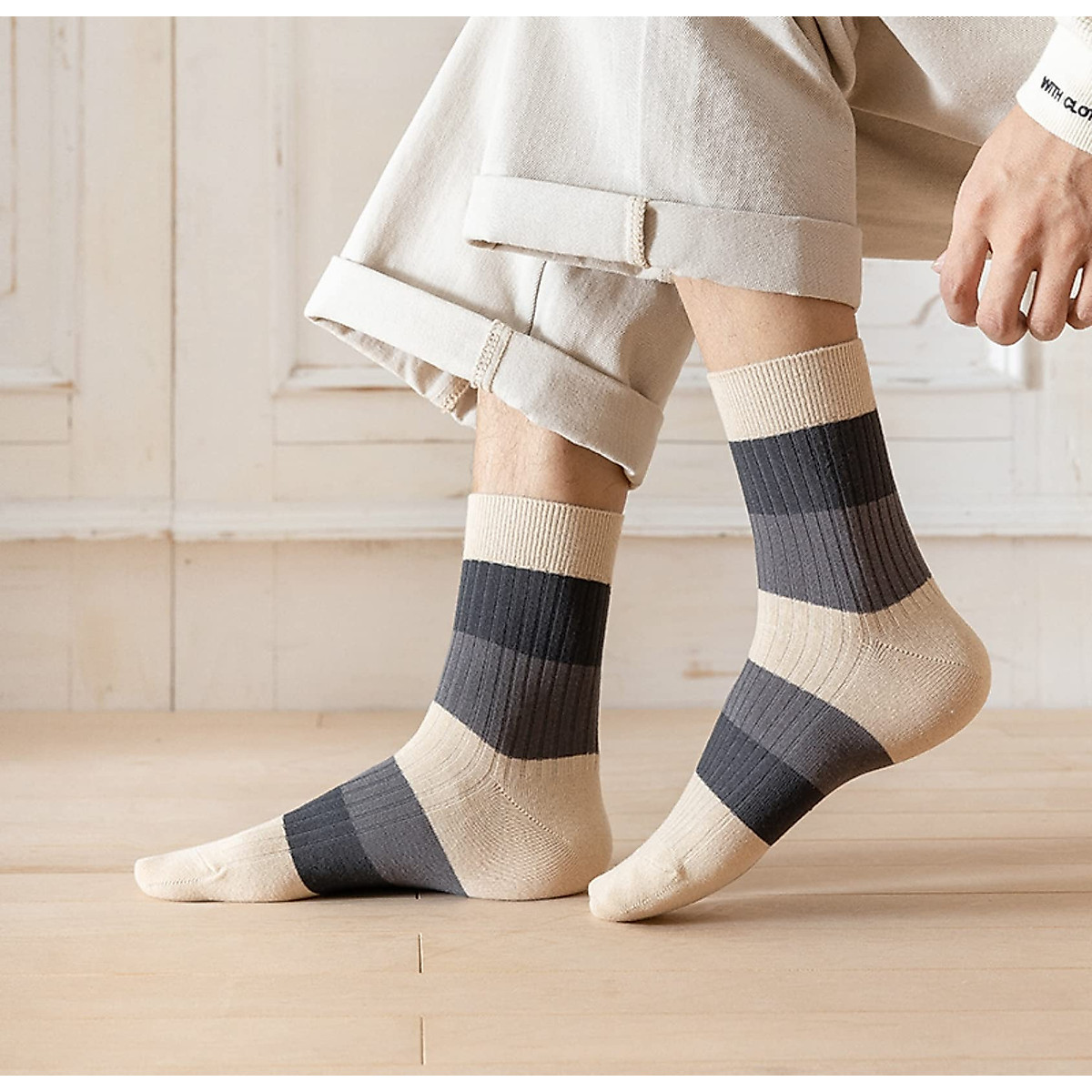 ZINDE 6 Pairs Soft Cotton Socks for Women Girl Thick Knit Breathable Cute Stripe Fashion Above Ankle Crew Socks Set (6 Pairs-08)