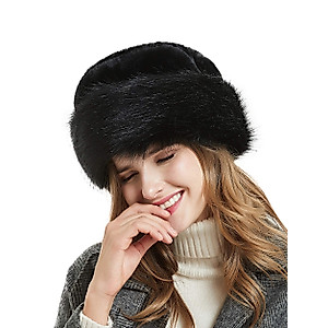 Soul Young Women's Leopard Faux Fur Hat with Fleece and Elastic for Winter(One Size,Black)