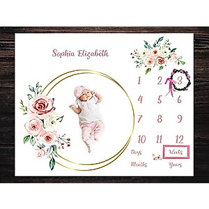 Farnodbaby Personalized Baby Milestone Blanket Girl Floral, Customized Milestone Blanket, Monthly Milestone Blanket, Baby Photo Prop Blanket, Custom Milestone Blanket, Baby Growth Age Chart