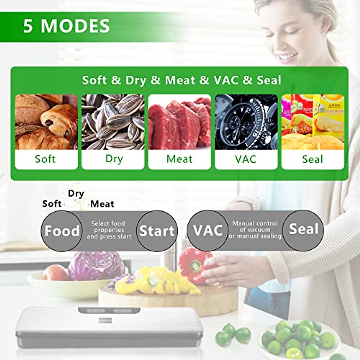 Vacuum Sealer Machine, GHVACZS Lightweight Food Vacuum Sealer Compact Machine for Food Preservation, Automatic Food Sealer Saver Vacuum Machine Easy to Use, Clean and Storage for Home Kitchen (GHVACZS Silver)