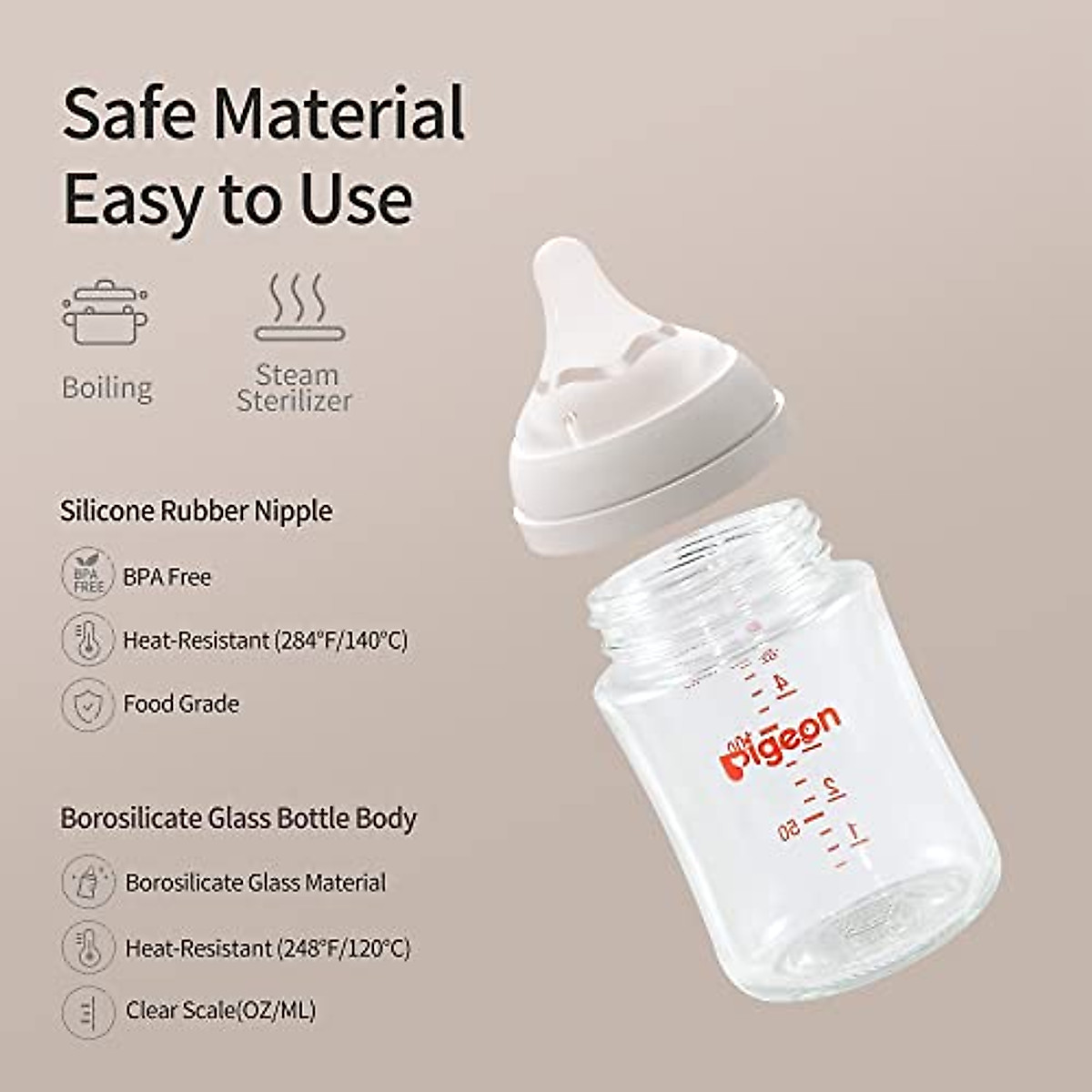 Pigeon Glass Nursing Bottle Wide Neck, Streamlined Body, Natural Feel, Easy to Clean, Heat-Resistant, 5.4 Oz(Pack of 2), Includes 2pcs SS Nipples (0m+)