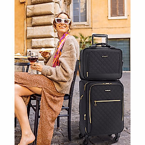 BAGSMART Carry On Luggage 20 Inch, Expandable Suitcase, Luggage with Duffel Luggage Airline Approved Rolling Softside Suitcases Women Men, Carry-On Black Square Quilted