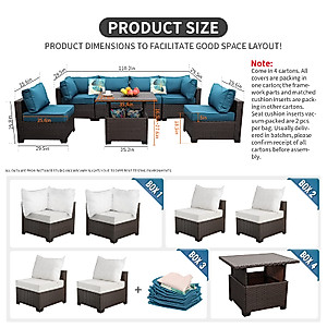 Patio Sectional Sofa Set 7 Pieces Outdoor Wicker Furniture Couch Adjustable Storage Table with Thicken(5") Peacock Blue Non-Slip Cushions Furniture Cover Brown PE Rattan