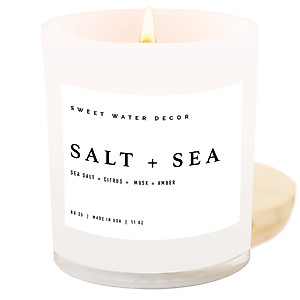 Sweet Water Decor Salt + Sea Candle | Sea Salt, Citrus, Amber, Musk, Beach Scented Soy Candles for Home | 11oz White Glass Jar + Wood Lid, 50+ Hour Burn Time, Made in the USA