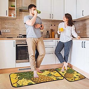 BOENLE Kitchen Rugs and Mats Non Skid Washable Kitchen Rug Set 2 Piece Tropical Pineapple Exotic Fruits Carpet Ergonomic Comfort Standing Mat for Kitchen,Bathroom, Laundry