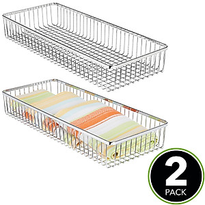 mDesign Metal Farmhouse Kitchen Cabinet Drawer Organizer Basket Tray, Shallow Storage Bin for Cutlery, Serving Spoons, Cooking Utensils, Appliances, Gadgets, Unity Collection, 15" Long, 2 Pack, Chrome