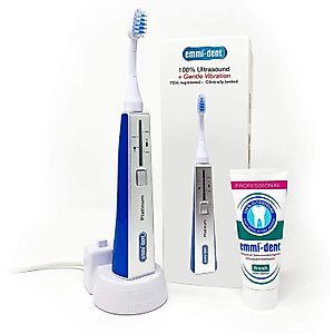 Emmi-dent Electric Ultrasonic Toothbrush Set with Gentle 100% Ultrasound Cleaning Technology. Ideal for Sensitive Teeth & Gums, Plaque Removal and More! Includes Nano-Bubble Toothpaste. Rechargeable.