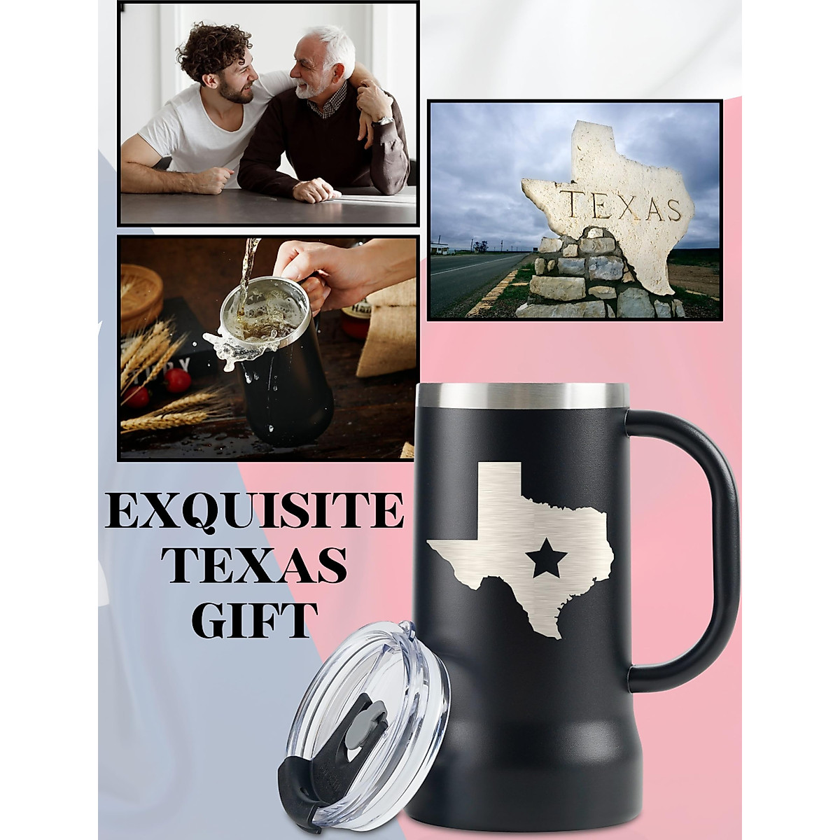 Onebttl Texas Gifts for Men Women, Texas Themed Souvenirs Travel Homesick Gift, Stainless Steel Beer Stein Tumbler, 24oz Beer Mug with Lid