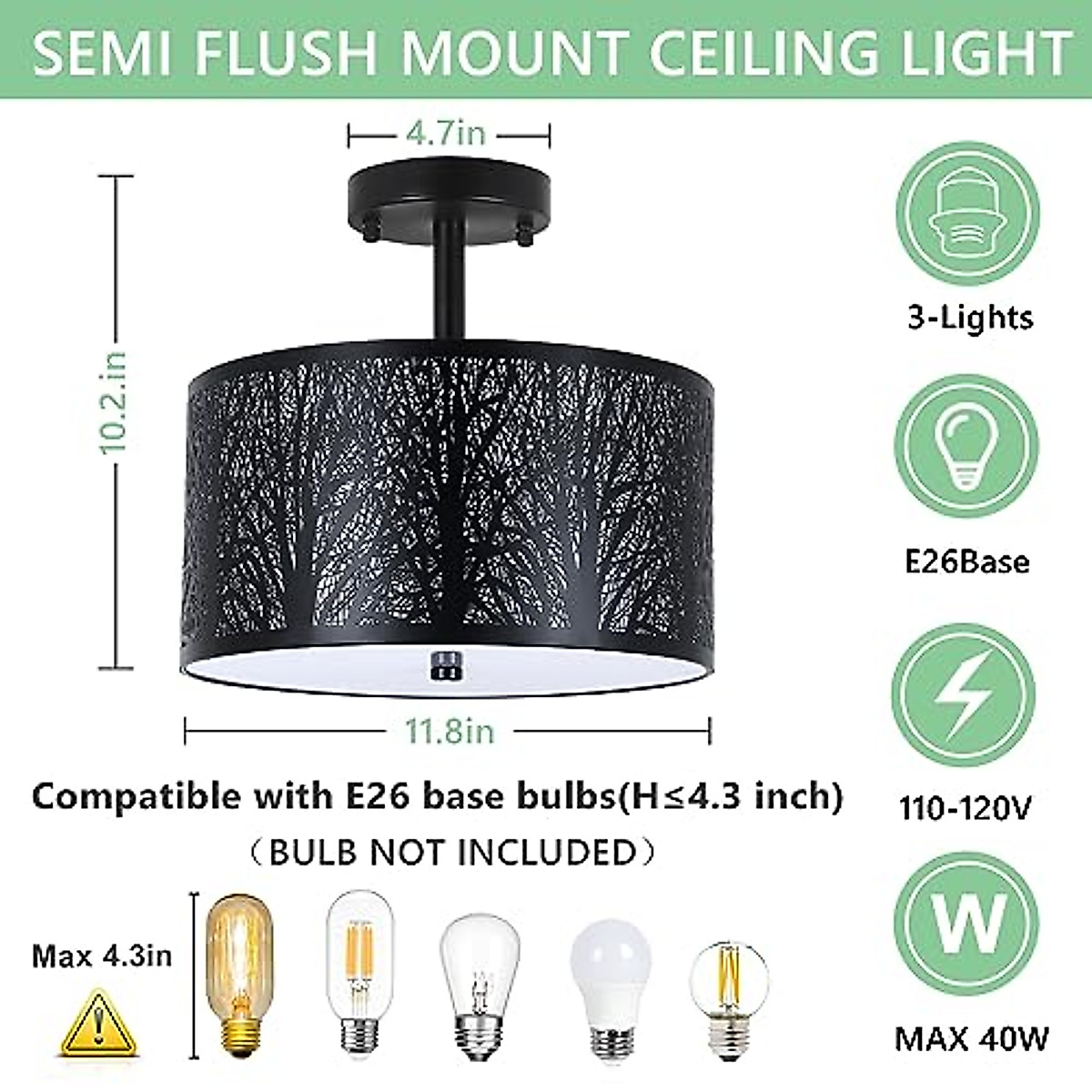 Stepeak Semi Flush Mount Ceiling Light Fixture, Black Light Fixture, 3-Light Drum Light with Etched Pattern Shade, Farmhouse Ceiling Lights for Bedroom Kitchen Hallway Dining Room Foyer Entryway