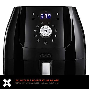 CRUX 6 Qt Digital Air Fryer with Nonstick Removable Dishwasher Safe Pan and Crisping Tray, Auto Shutoff Timer and Audible Alarm, Adjustable Temperature Control, Black