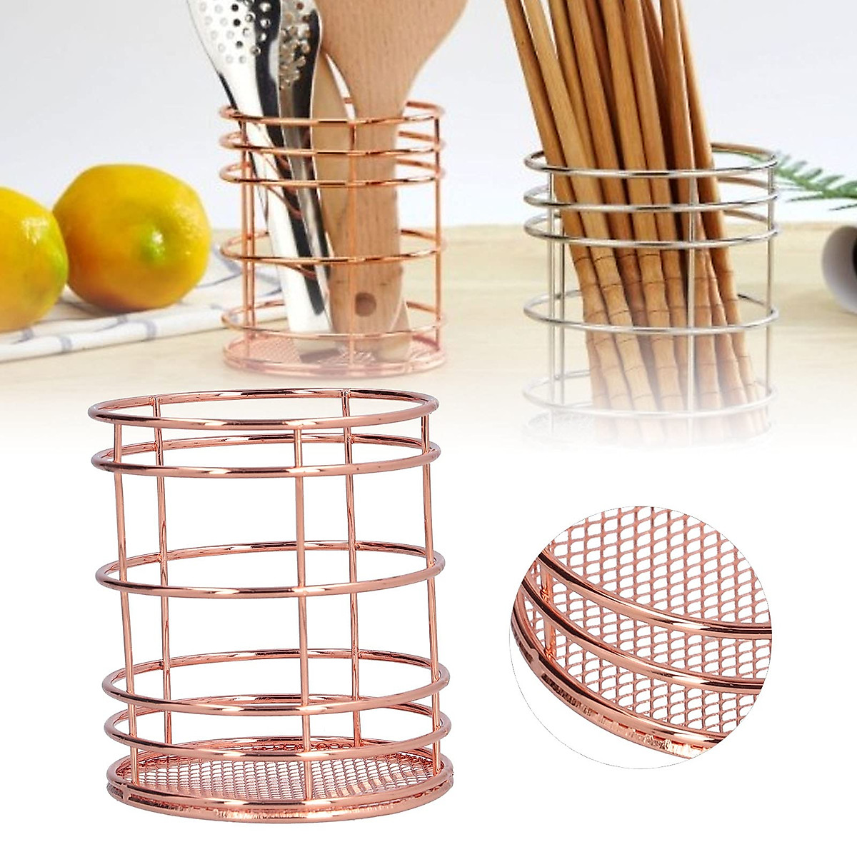 BORDSTRACT Small Wire Utensil Holder, 11x9x9cm Metal Round Pen Holder, Make Up Brush Holder Desk Cutlery Chopsticks Organizer for Kitchen Counter Home Office(Rose Gold)