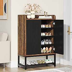 Tribesigns Shoe Cabinet with Doors, 5-Tier Shoe Storage Cabinet for Entryway Hallway, Wooden Shoe Rack Organizer Cabinet for 15-20 Pair of Shoes, Black and Brown (1)