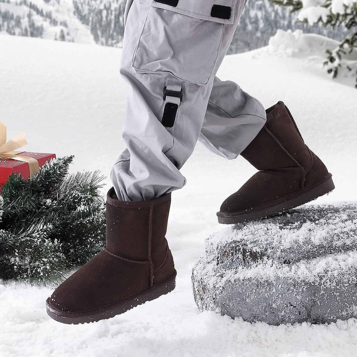 DREAM PAIRS Girls Boys Boots Kids Faux Fur Lined Winter Mid Calf Snow Boots Shorty-K Brown Size 2 Little Kid