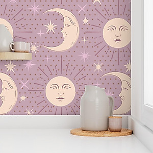 Peel & Stick Wallpaper Swatch - Purple Suns Boho Stars Mauve Celestial Moon Sky Custom Removable Wallpaper by Spoonflower