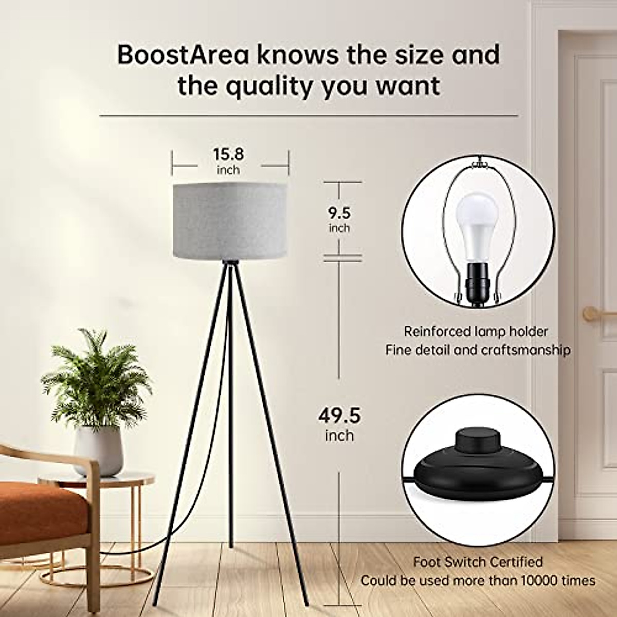 BoostArea Floor Lamp for Living Room, Tripod Floor Lamp, 15W LED Bulb, 3 Levels Dimmable Brightness, Gray Linen Lamp Shade, Mid Century Standing Lamp for Living Room, Bedroom, Study Room and Office