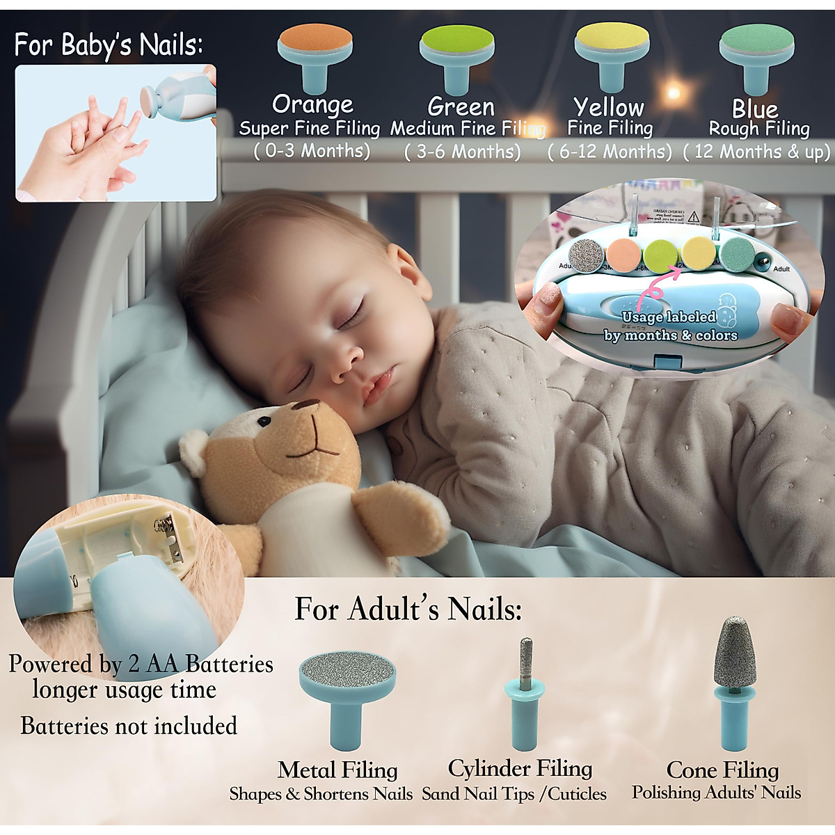 Royal Angels Baby Nail File 21 in 1, Safe Electric Baby Nail Buffer, Extra 13 Replacement Tools, Baby Nail Kit, Baby Nail Trimmer, Newborn Toddler Toes and Fingernails Clipper, Trim and Polish (Blue)