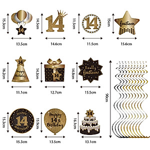 Happy 14th Birthday Party Hanging Swirls Streams Ceiling Decorations, Celebration 14 Foil Hanging Swirls with Cutouts for 14 Years Old Black and Gold Birthday Party Decorations Supplies