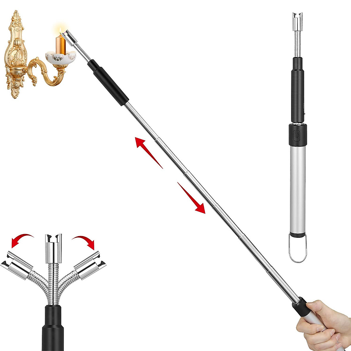 Flahonka Electric Arc Long Lighter, Retractable Cool Lighter with A Length of 11.4in-27.55in, Rechargeable Long Neck Lighter Extra Long Lighter for Candles Kitchen Fireplaces Fire Pits (Silver)