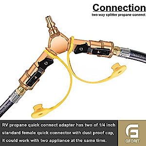 1/4" RV Propane Quick Connect Y Splitter Adapter for RV Trailer and Camping Propane Hose to Motorhome Tabletop Grill 2 Way LPG 1/4 inch Quick Connect or Disconnect Kit Shutoff Valve & Full Flow Plug