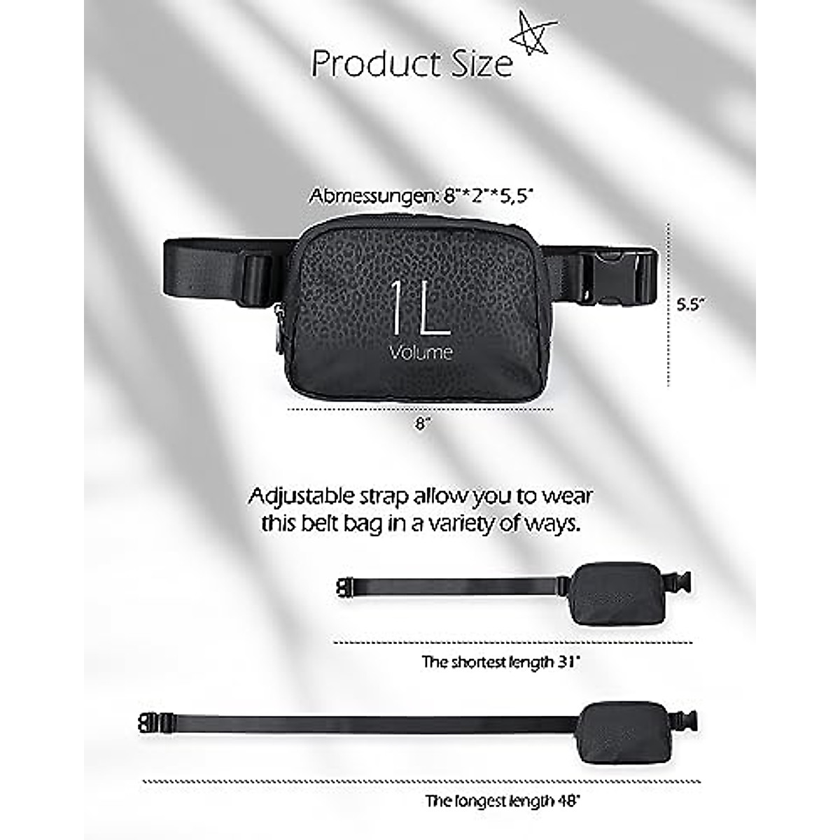 ODODOS Unisex Mini Belt Bag with Adjustable Strap, Pattern Small Fanny Pack for Workout Running Traveling Hiking, Black, Leopard