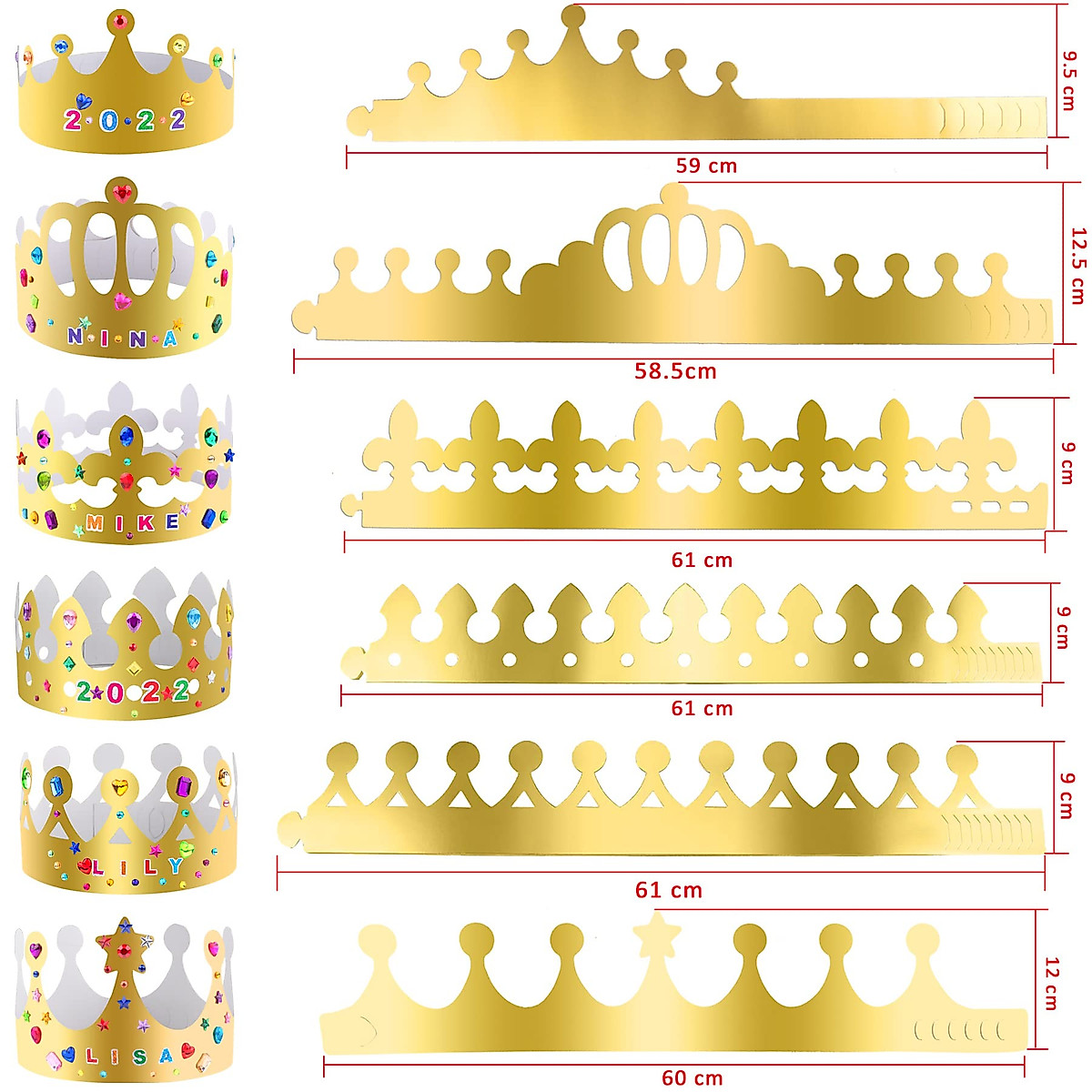 SIQUK 24 Pieces Golden Paper Crowns Gold Party Crowns Princess Prince Crown Hats King Crowns with 980 Pieces Gem Jewels Alphabet Number Letter Stickers for Party and Celebration
