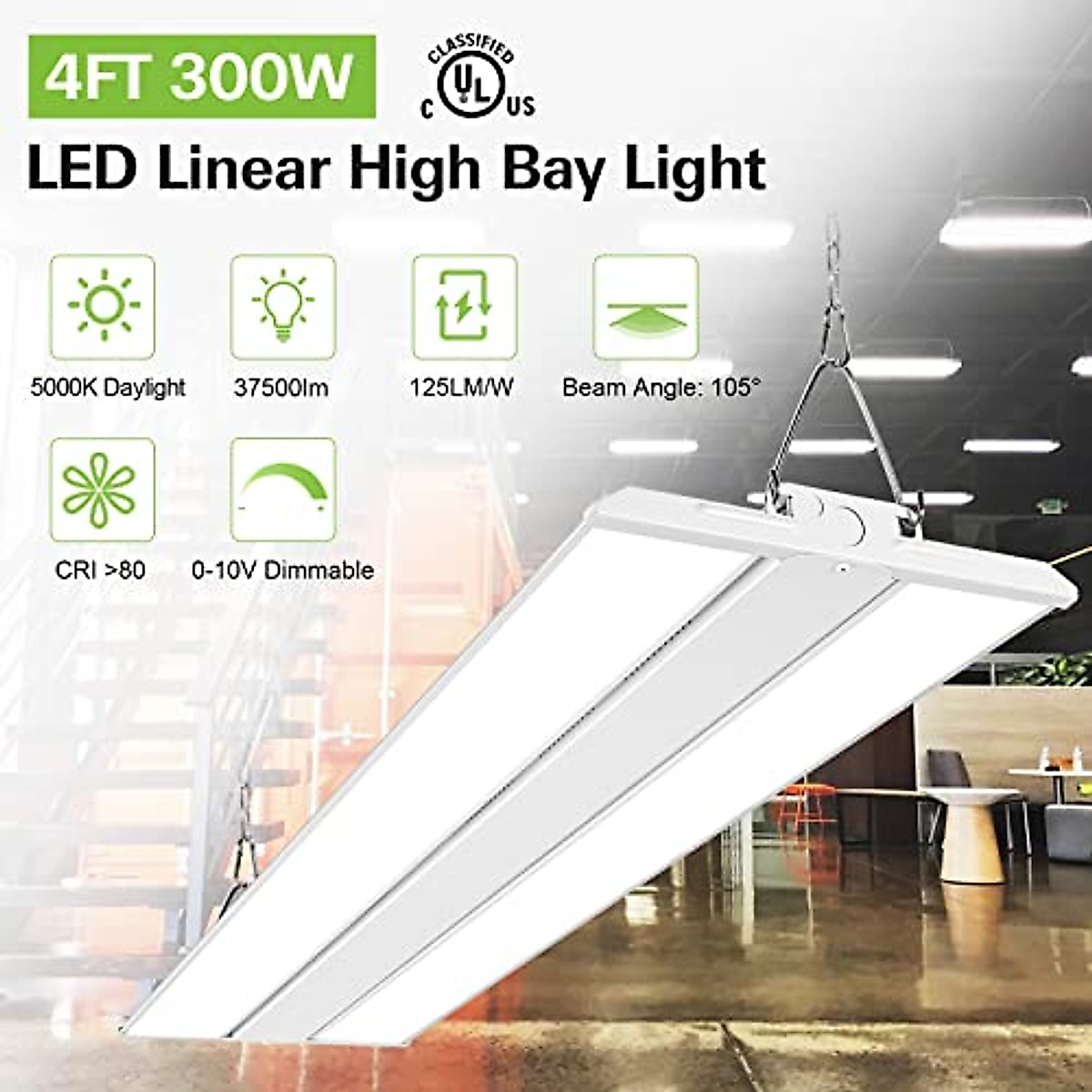 hykolity 2 Pack 4FT LED Linear High Bay Shop Light, 300W LED Shop Light, 37500lm 125LM/W, 100-277V, 0-10V Dim, 5000K Daylight Linear Hanging Light for Warehouse Workshops, UL Listed, 5 Years Warranty