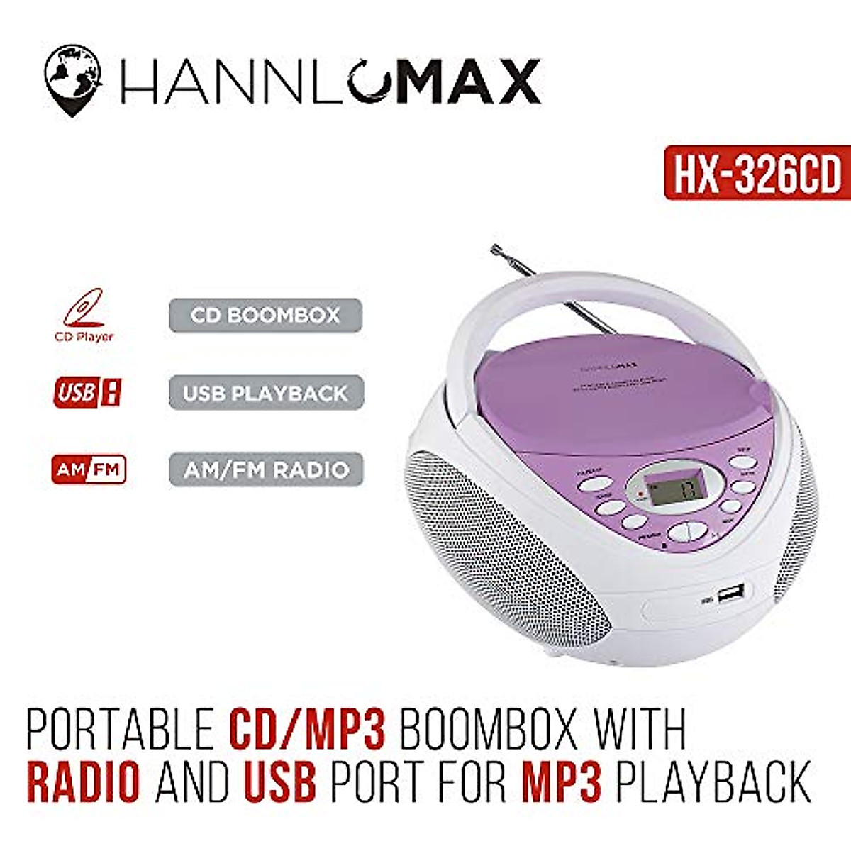 HANNLOMAX HX-326CD Portable CD/MP3 Boombox, AM/FM Radio, USB Port for MP3 Playback, Aux-in, LCD Display, AC/DC Dual Power Source. (White)