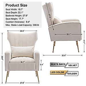 Hyfirm Accent Chairs for Living Room Set of 2, Mid Century Modern Chairs Upholstered Velvet Wingback Arm Chairs, Comfy Leisure Chairs with Lumbar Pillow for Bedroom Office Club, 2PCS, Cream