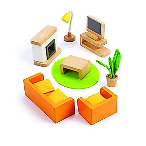 Hape Wooden Doll House Furniture Media Room Set| Pretend Playset for Kid’s Wooden Dollhouse