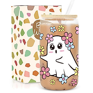 UAREHIBY Halloween Gifts for Women with Floral Ghost Mug,18 OZ Cute Halloween Spooky Glass Cups with Lids and Straws,Funny Halloween Coffee Tumbler Ghost Mug,Halloween Decorations