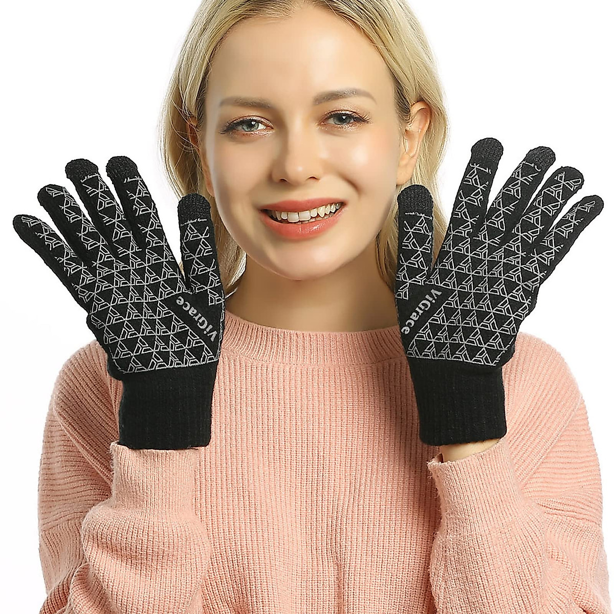 ViGrace Winter Warm Touchscreen Gloves for Men and Women Touch Screen Fleece Lined Knit Anti-Slip Wool Glove (Black, Large)
