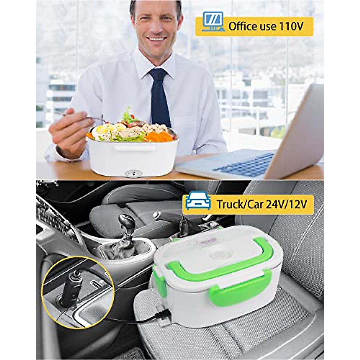 AUTOPkio Electric Lunch Box for Car and Home, 12V 24V 110V Lunchbox Food Heater with 1.5L Removable Stainless Steel Container for Work Office Truck Driver (Green)