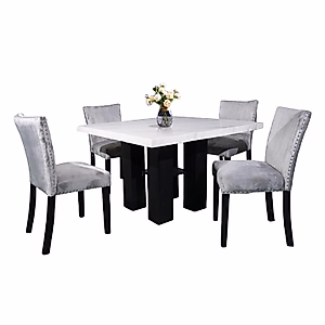 GTU Furniture 5Pc Dinning Square Table with Faux Marble Top and 4 Upholstered Grey Chairs Dining Room Set