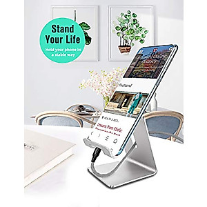 SKEJER Cell Phone Stand, Cellphone Hold, Tablet Dock with Anti-Slip Base, Aluminum Desktop Holder Bracket Compatible with All Smart Phone and Tablets Under 10 Inches-Silver