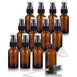 JUVITUS 1 oz / 30 ml Amber Glass Boston Round Bottle with Black Treatment Pump (12 pack) + Funnel Refillable Empty Storage Containers