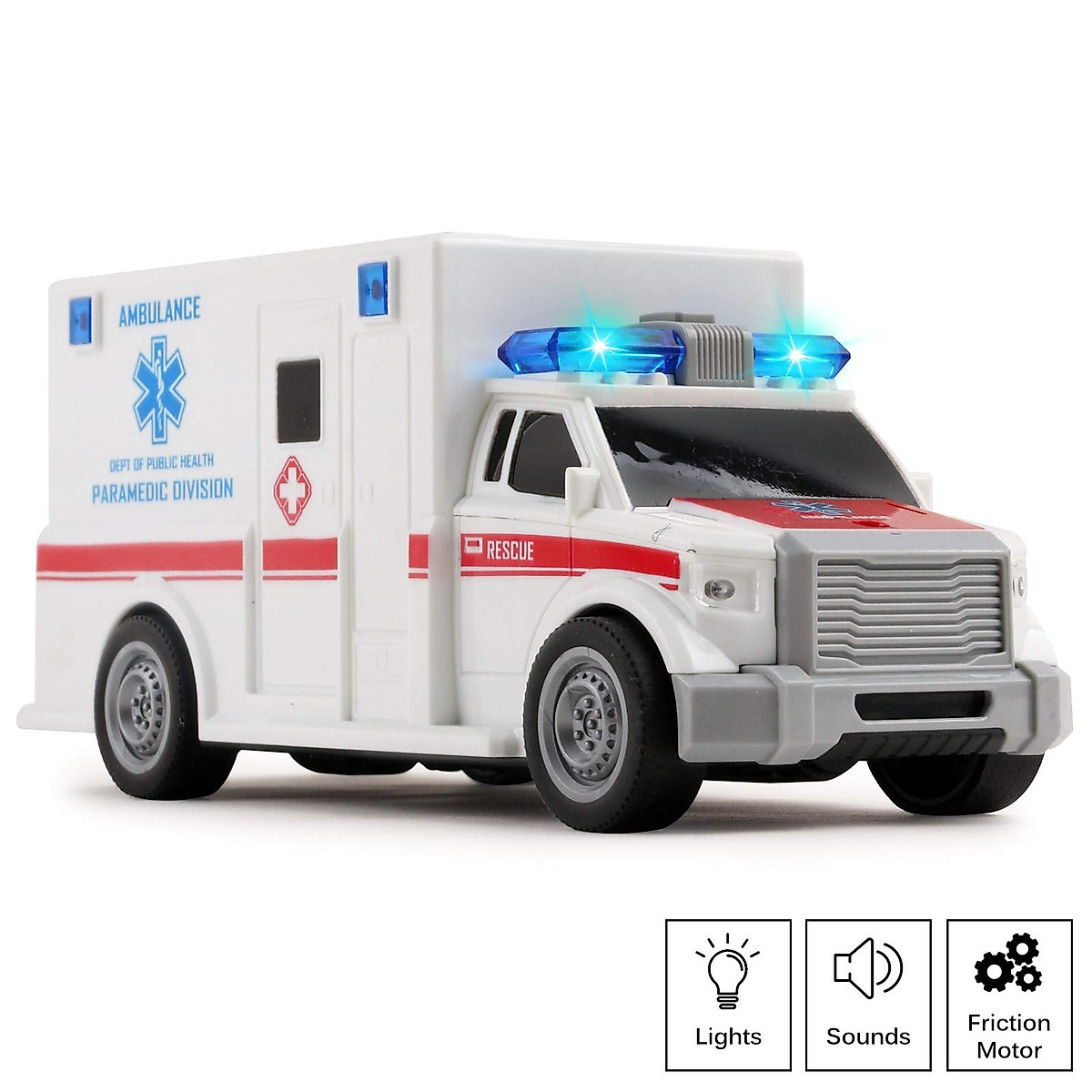 Vokodo Rescue Ambulance Friction Powered 1:20 Scale Toy Car with Lights and Sounds Durable Kids Medical Transport Emergency Vehicle Push and Go Pretend Play Van Great Gift for Children Boys Girls
