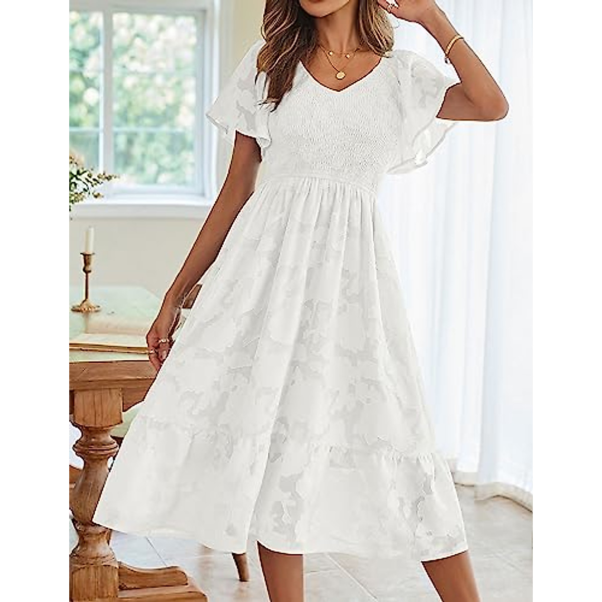 MEROKEETY Womens 2023 Summer V Neck Ruffle Sleeve Floral Dress Lace Flowy Smocked Midi Dresses,White,S