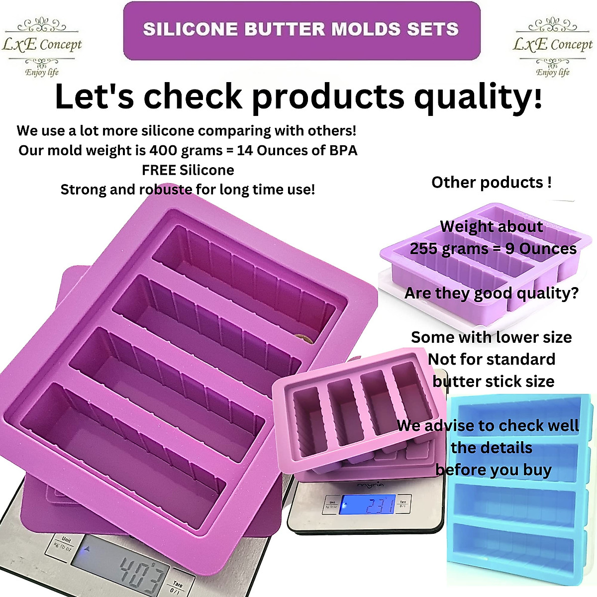 Silicone Butter Mold Set Purple - Holds 8 Tablespoons, 4oz Standard Butter Stick Size, Large Cavity Butter Maker, Non-Stick Butter Tray & spatula, measuring spoons, Ideal For Herb Butter, Brownie Cake
