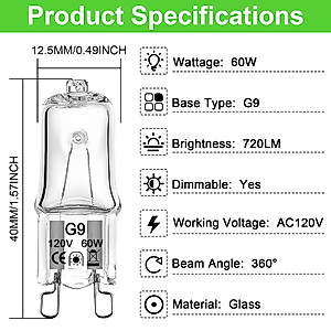 G9 Bulb 60W, 12 Pack G9 Halogen Light Bulbs 2 Pin Base T4 JCD Type 120V Xenon Small Light Bulb for Chandeliers, Range Hood Light, Bathroom Light Bulbs, Cabinet Lights, Dimmable, 2700K Warm White