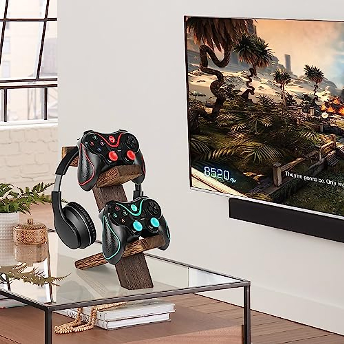 BEARUT Game Controller Holder Headset Stand 2-Tier Universal Controller Gaming PC Accessories Storage Rack Headphone Stand for Xbox Series PS5 PS4 by Wood