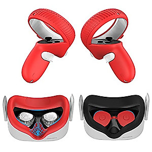 [3in1] for Oculus Quest 2 Accessories, Quest 2 VR Waterproof Silicone Face Cover Pad Controller Grip Fall Protection Case and Protective Lens Cover Washable, Anti-Leakage Ergonomic Design (Red)
