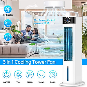 Evaporative Air Cooler, Portable Air Conditioner Fan, 35'' Evaporative Cooler with 3 Speeds & 52°Oscillation, 12-H Timer Remote Control Swamp Cooler w/Cooling Function for Home & Office