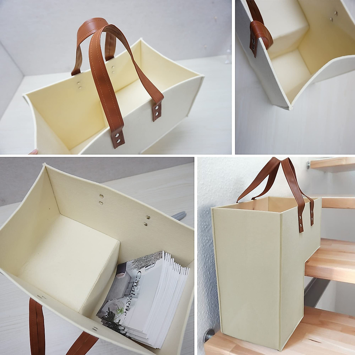 Stair Basket Leather Handles 16' ' Staircase Baskets Carpeted Wooden Stairs Made of 4mm Premium Felt Stair Organizer Laundry Basket Basket Stairs Foldable Staircase Basket, Beige (SBK01-HF-16)