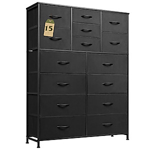 WLIVE Tall Black Dresser for Bedroom Furniture, Fabric Dressers Storage Tower with 15 Deep Drawers, Dresser for Closet, Hallway, Entryway, Office, Storage Tower with Cabinet, Metal Frame, Wooden Top